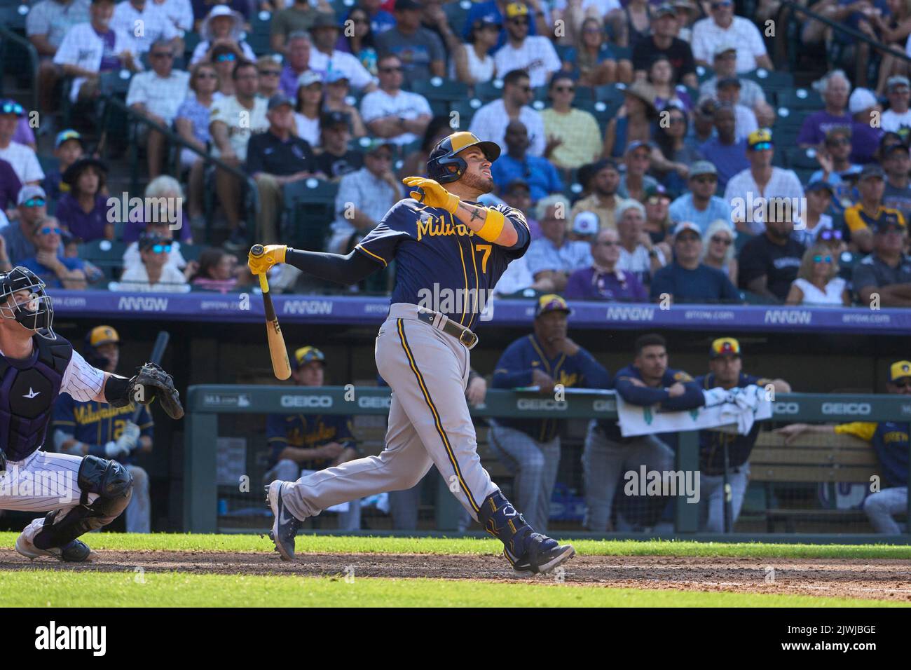 Denver CO, USA. 5th Sep, 2022. Milwaukee catcher Victor Caratini (7 ...