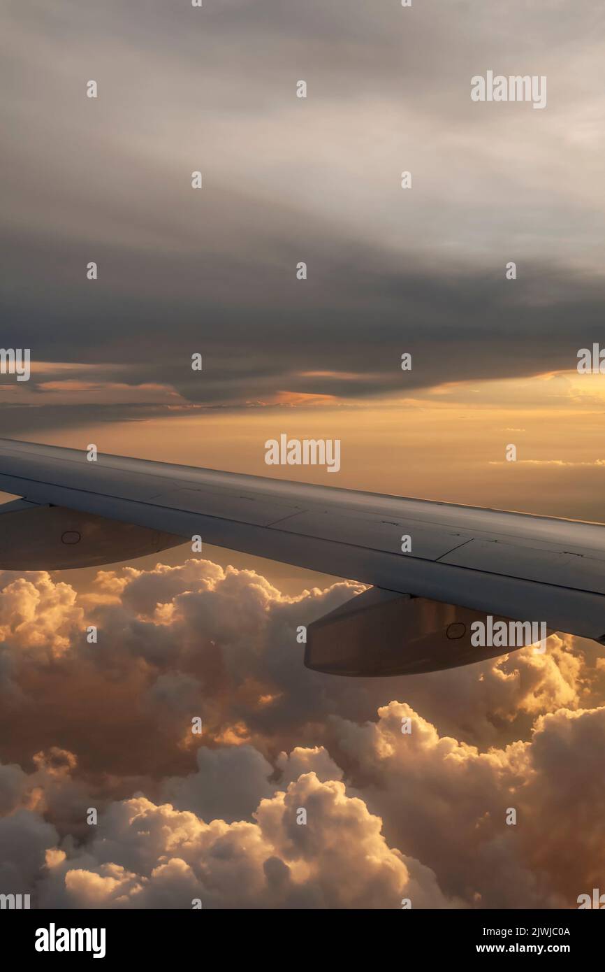 Vertical view of an airplane flying above the clouds against a ...
