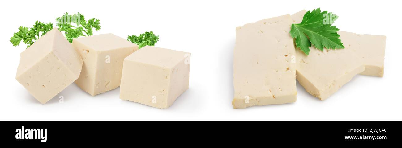 diced tofu cheese isolated on white background with full depth of field ...