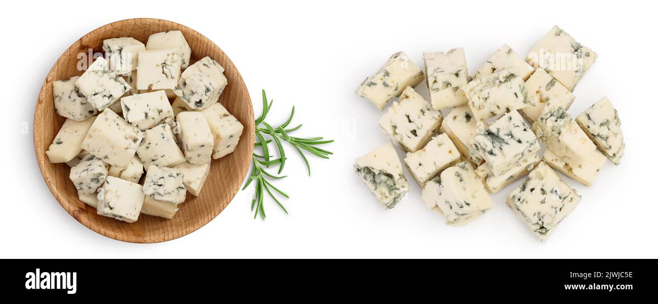 diced Blue cheese isolated on white background with full depth of field ...