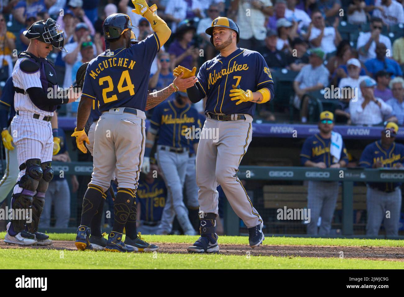 Denver CO, USA. 5th Sep, 2022. Milwaukee catcher Victor Caratini (7 ...