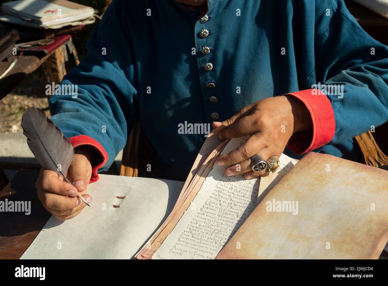 Italy, Lombardy, Historical Reenactment, Hand Using a Feather Quill ...