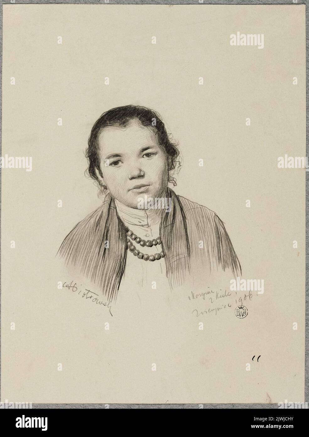 Portret młodej chłopki. Piotrowski, Antoni (1853-1924), draughtsman ...