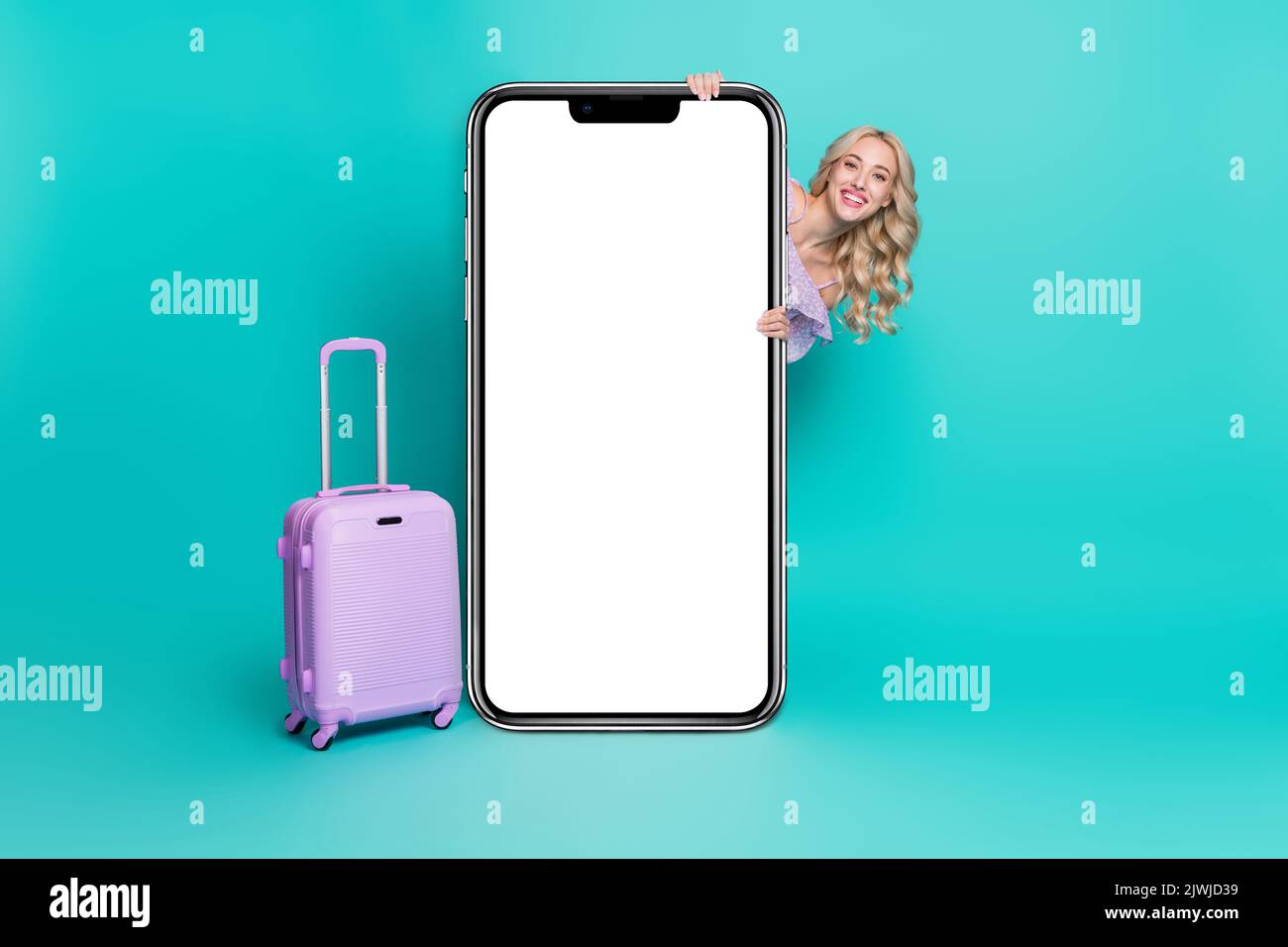 Photo of funky sweet woman dressed purple blouse hiding modern gadget ...