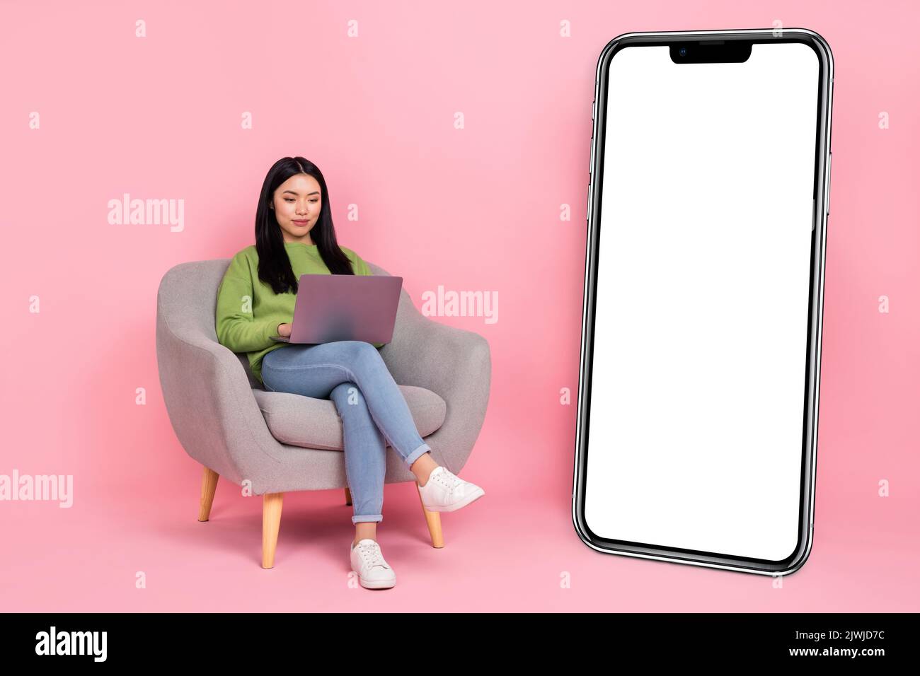 Full body photo of nice young lady type laptop wear pullover jeans ...