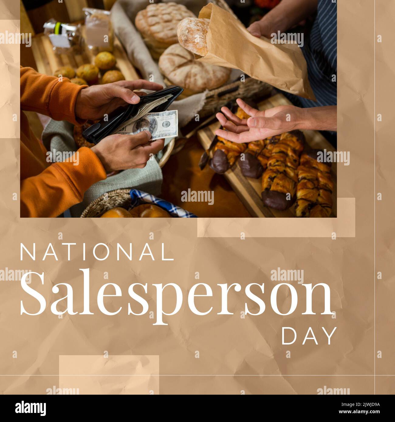 Composite of national salesperson day text and cropped hands of ...