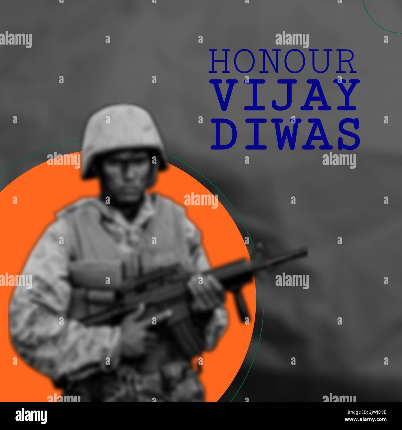 Composite of honour vijay diwas text and army solider with gun against ...