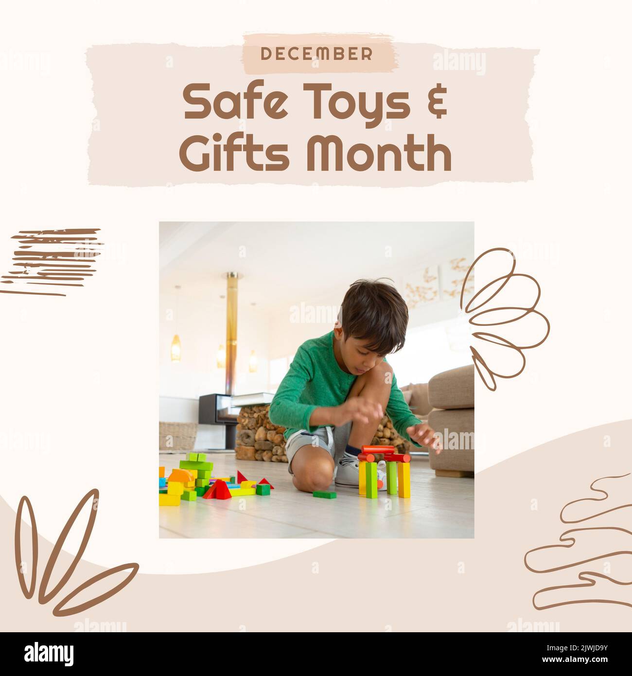 Composite of december, safe toys and gift month text with asian boy ...