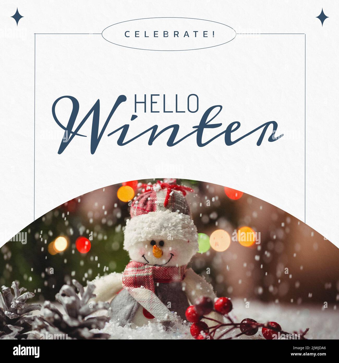Composite of celebrate hello winter text and close-up of snowman with ...
