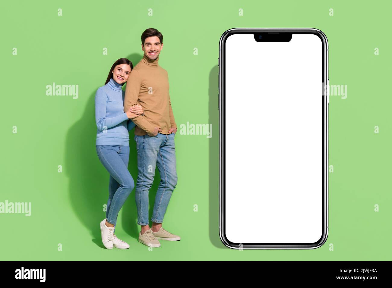 Photo of sincere people charming glad lady hands embrace boyfriend wear ...