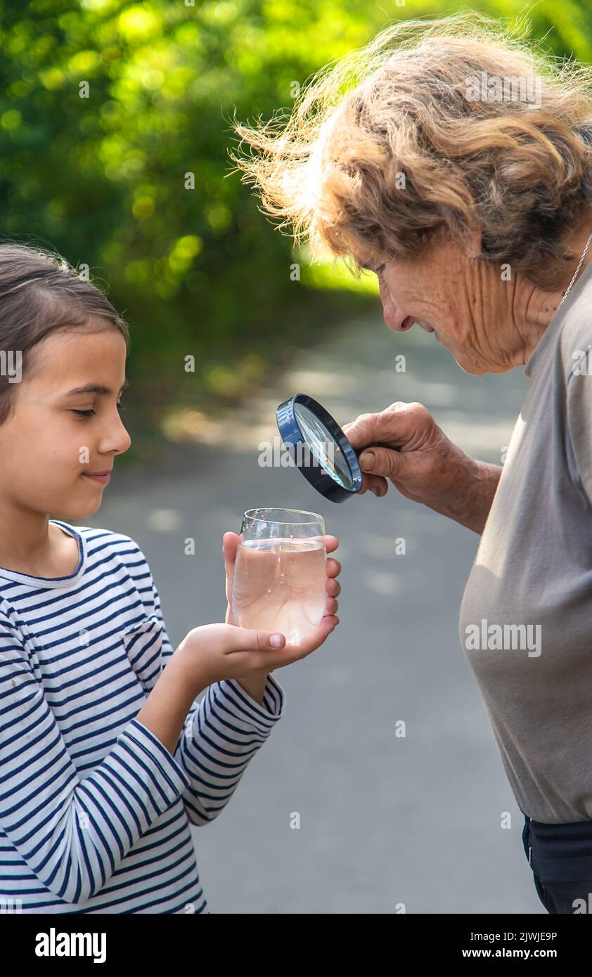 A child and grandmother examines the water with a magnifying glass ...