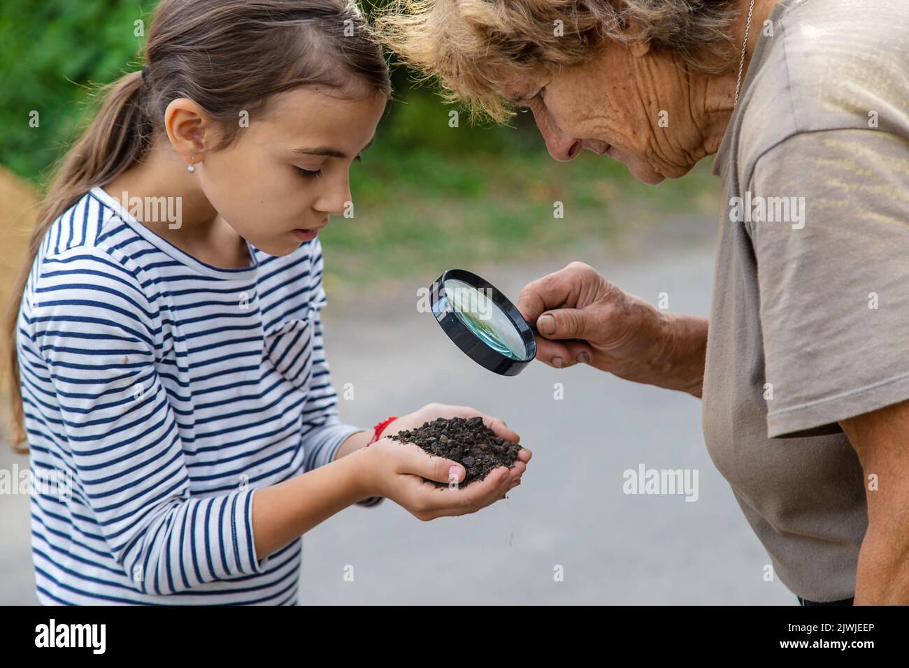 The child examines the soil with a magnifying glass. Selective focus ...