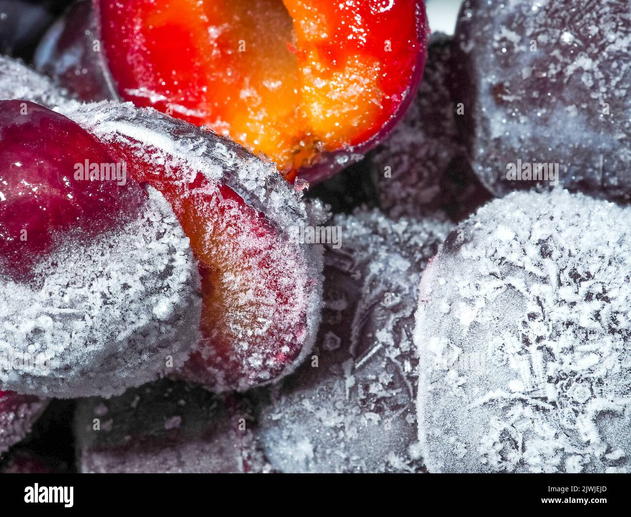 Selective focus on white ice crystals on frozen plum fruits close up ...