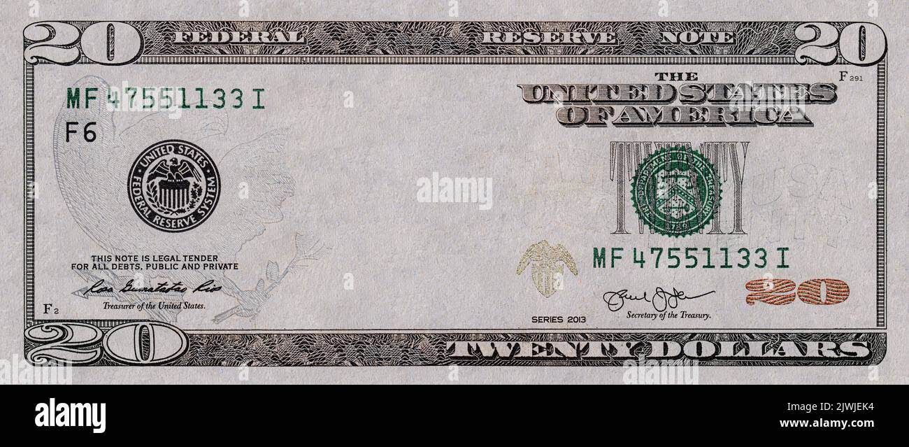 Closeup of 20 dollar banknote with empty middle area for design purpose ...