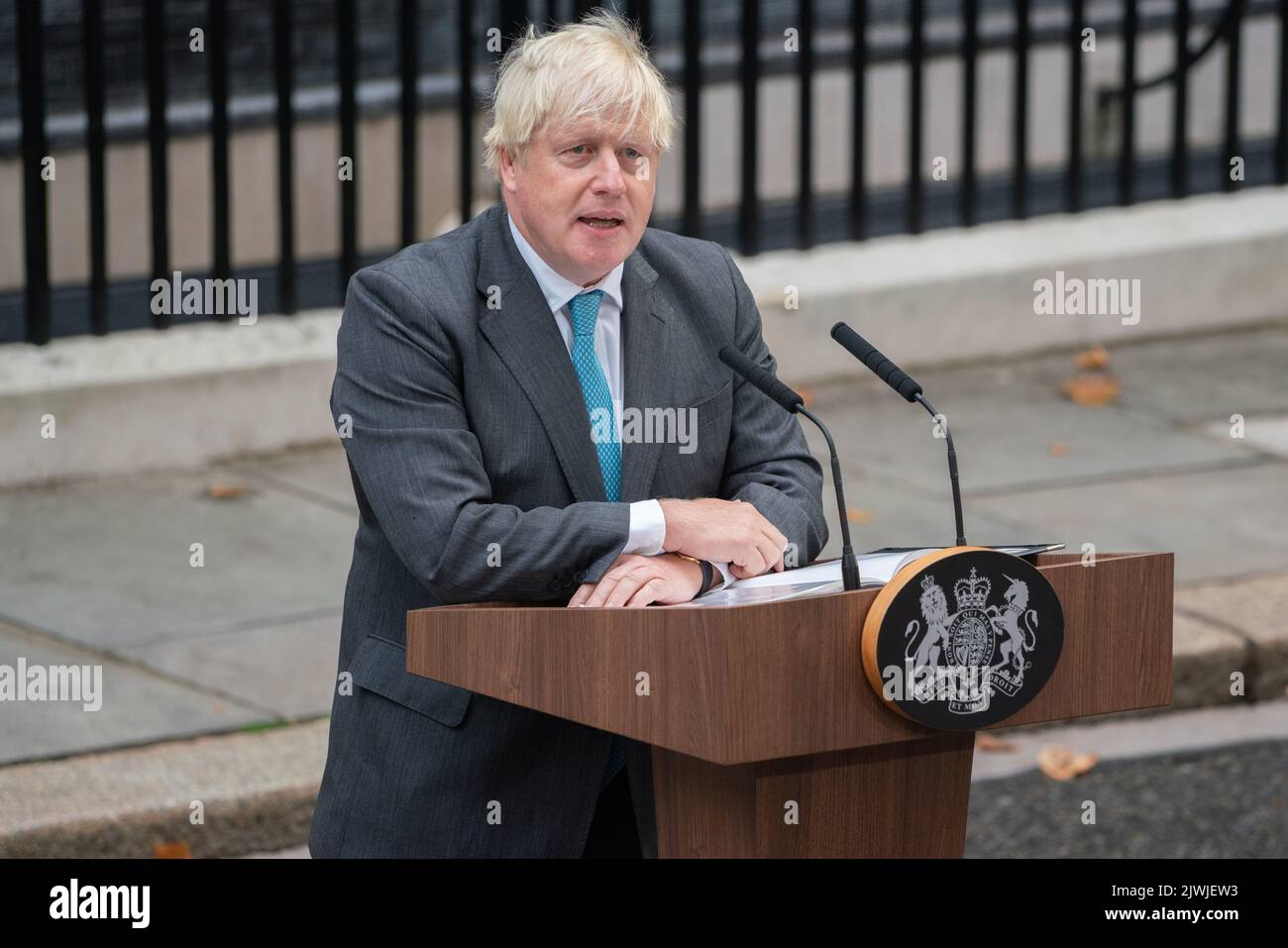 London UK. 6 September 2022. Boris Johnson delivers his farewell speech ...