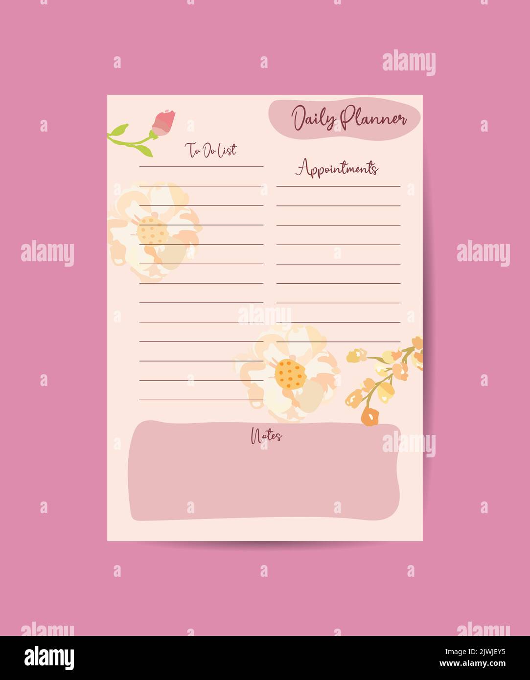 Daily planner template.Blank printable vertical notebook page with ...