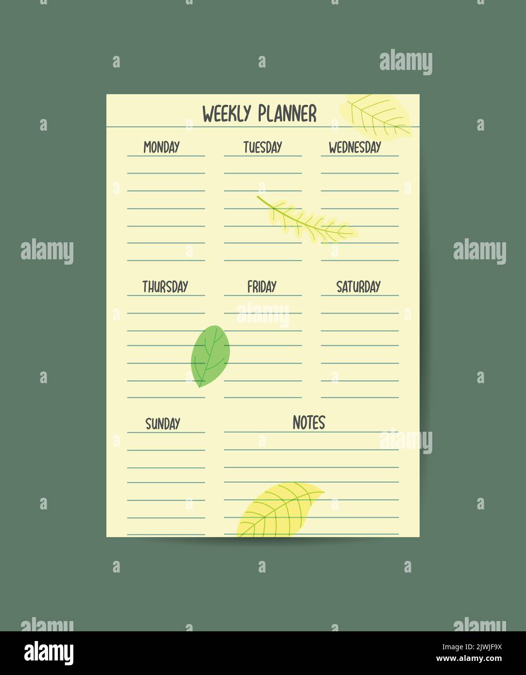 green vector weekly planner design template. Elegant floral leaves ...