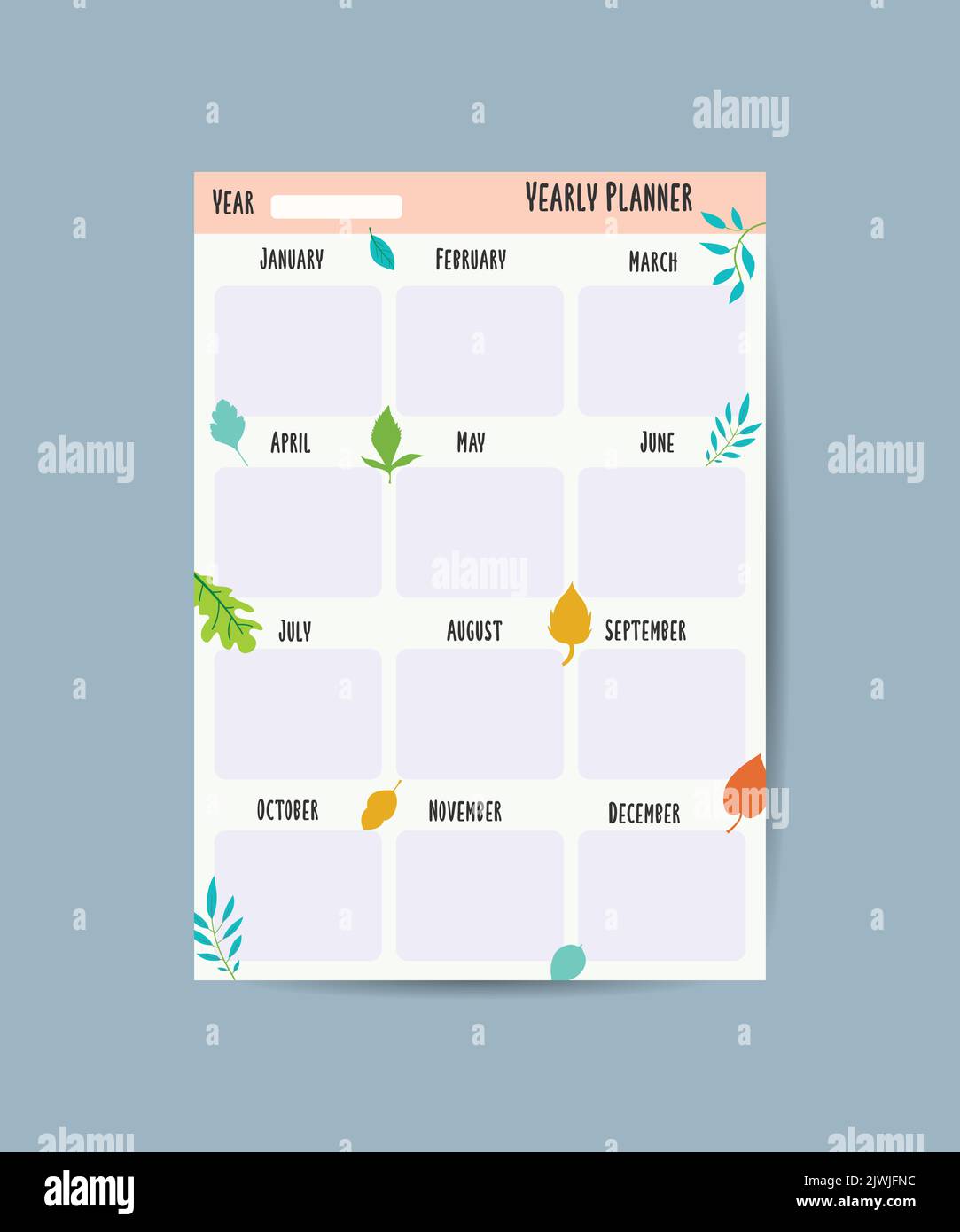 yearly planner with leaf, acorn and oak. Hand draw stamp vector ...