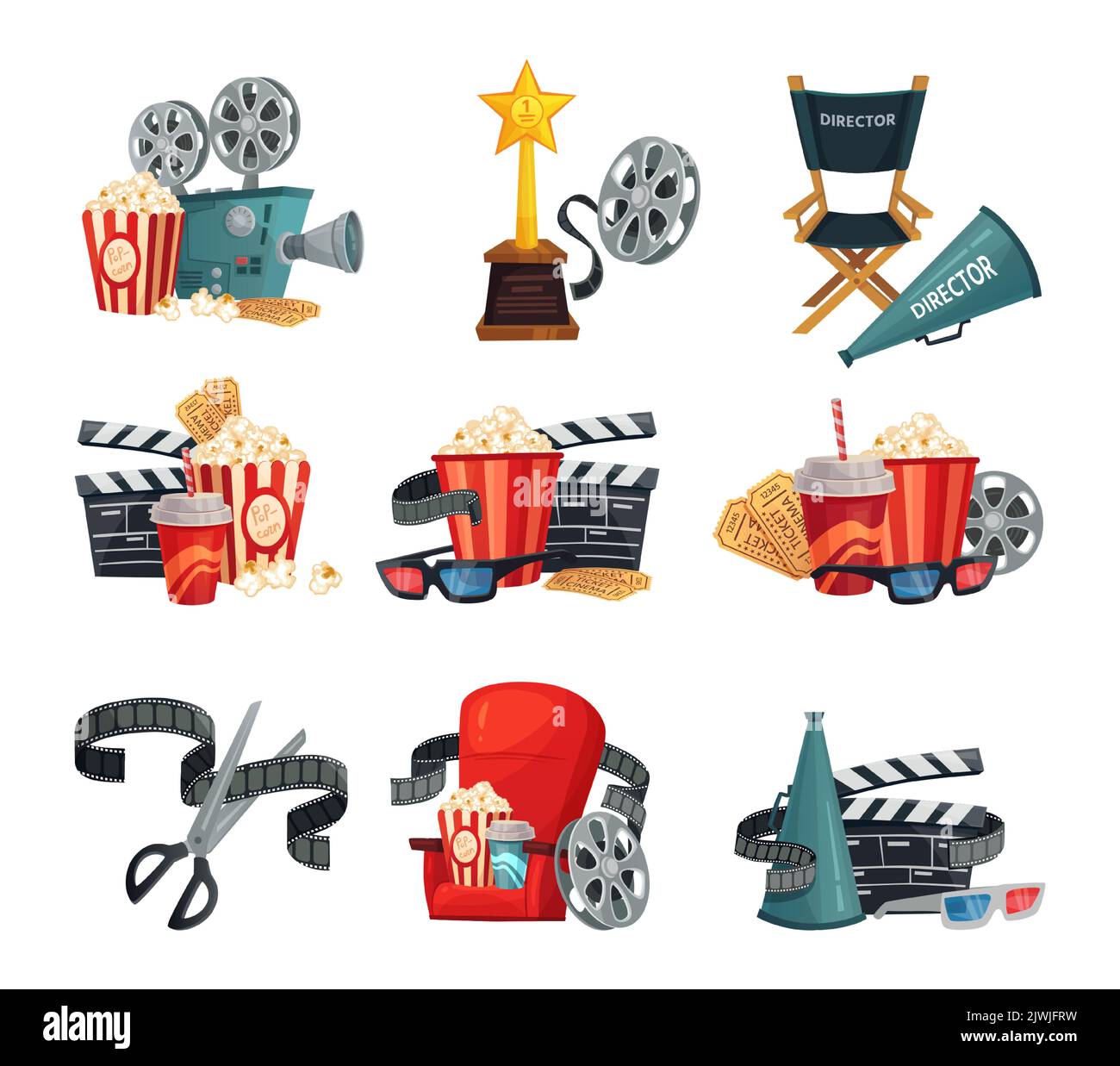 Cartoon cinema concept, reel and camera, popcorn and drink Stock Vector ...