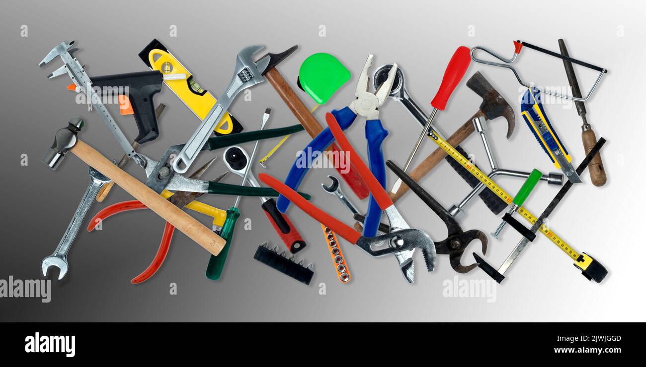 Topview of Different Work Tools on Wood Background- Stock Photo Stock ...