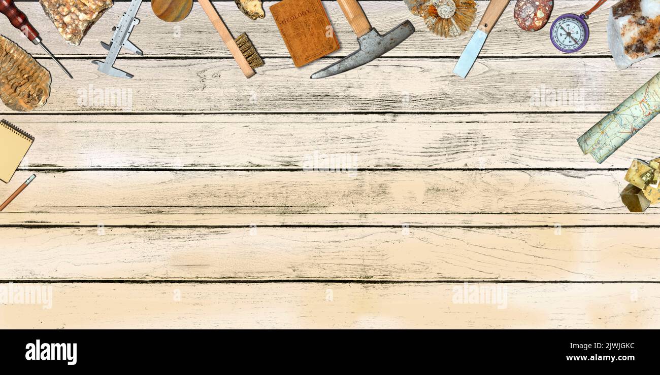 Topview of Set Fieldwork Geology Tools on Table Background Stock Photo ...