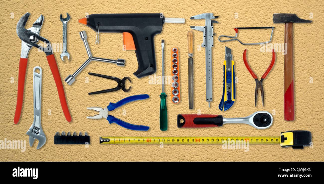 Topview of Different Work Tools on Textured Background- Stock Photo ...