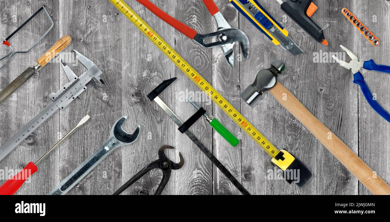Topview different work tools hi-res stock photography and images - Alamy