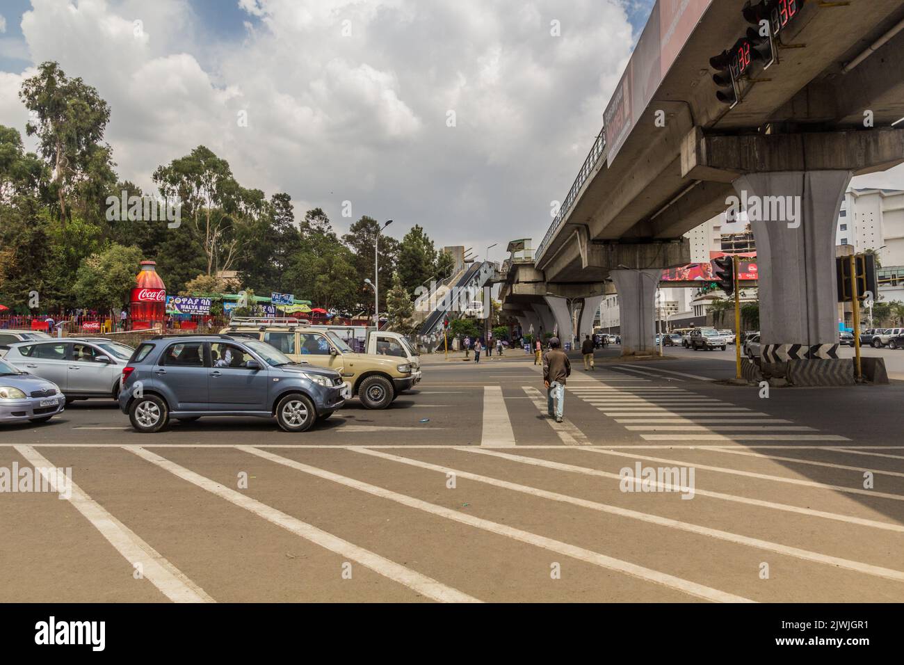 ADDIS ABABA, ETHIOPIA - APRIL 3, 2019: Elevated section of the Light Rail at Meskel square in ...