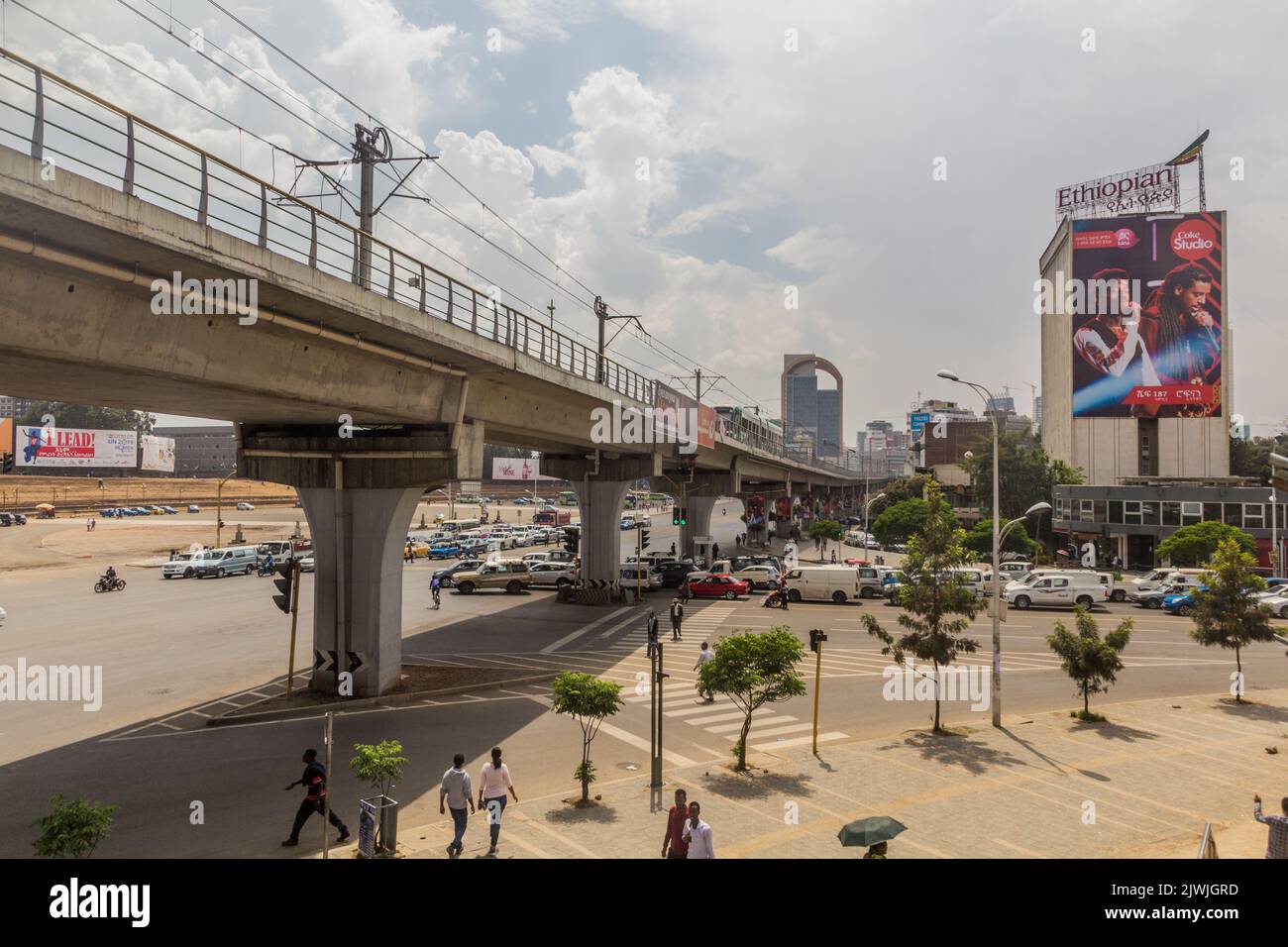 ADDIS ABABA, ETHIOPIA - APRIL 3, 2019: Elevated section of the Light Rail at Meskel square in ...