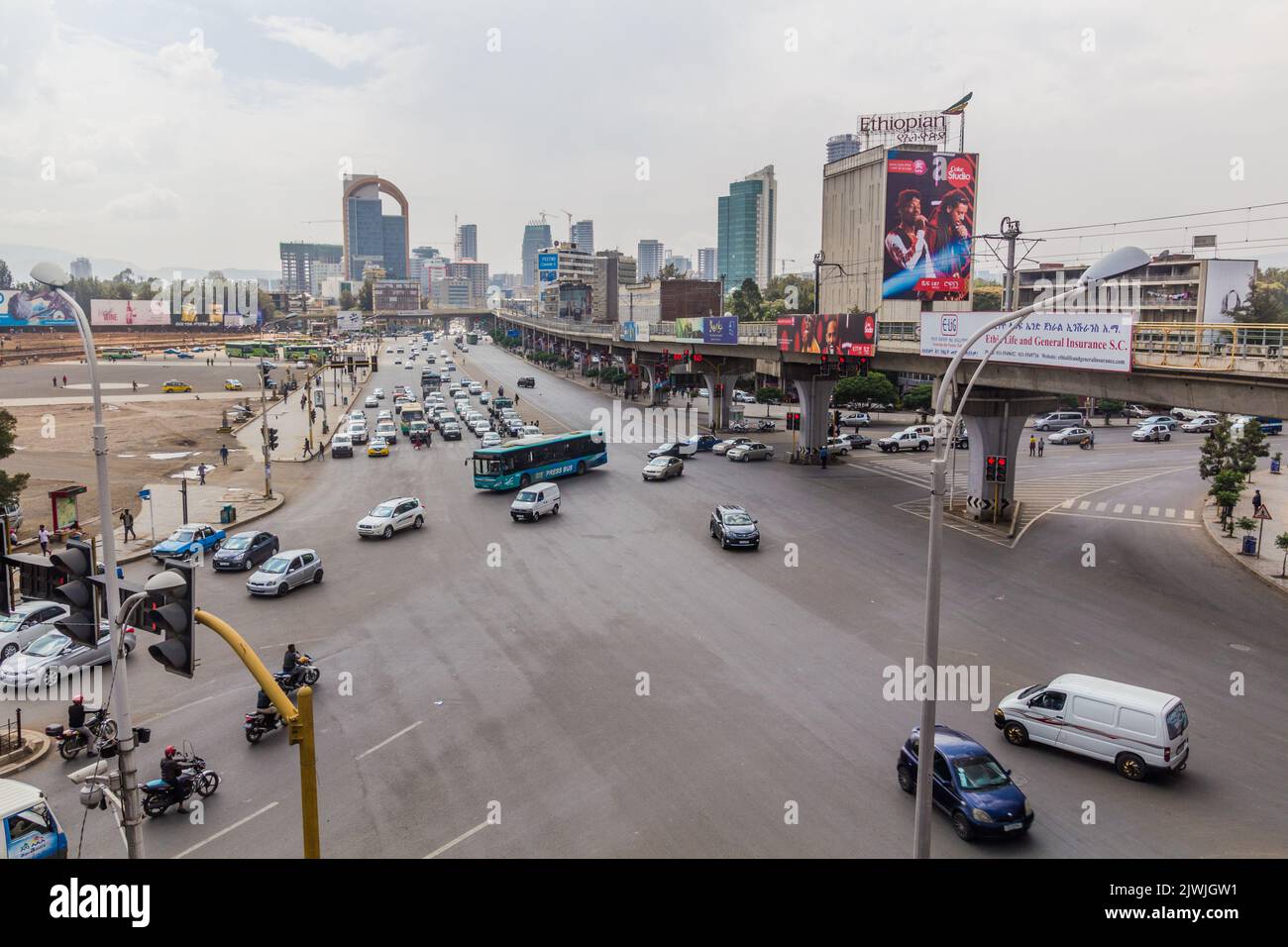 ADDIS ABABA, ETHIOPIA - APRIL 3, 2019: Elevated section of the Light Rail at Meskel square in ...