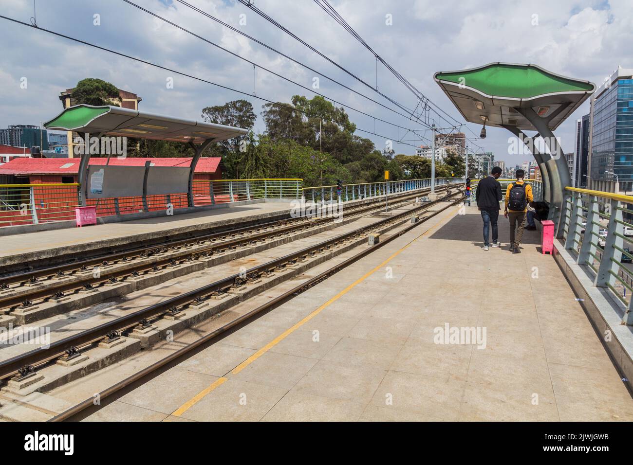 ADDIS ABABA, ETHIOPIA - APRIL 3, 2019: View of the Light Rail at Meskel square in Addis Ababa ...