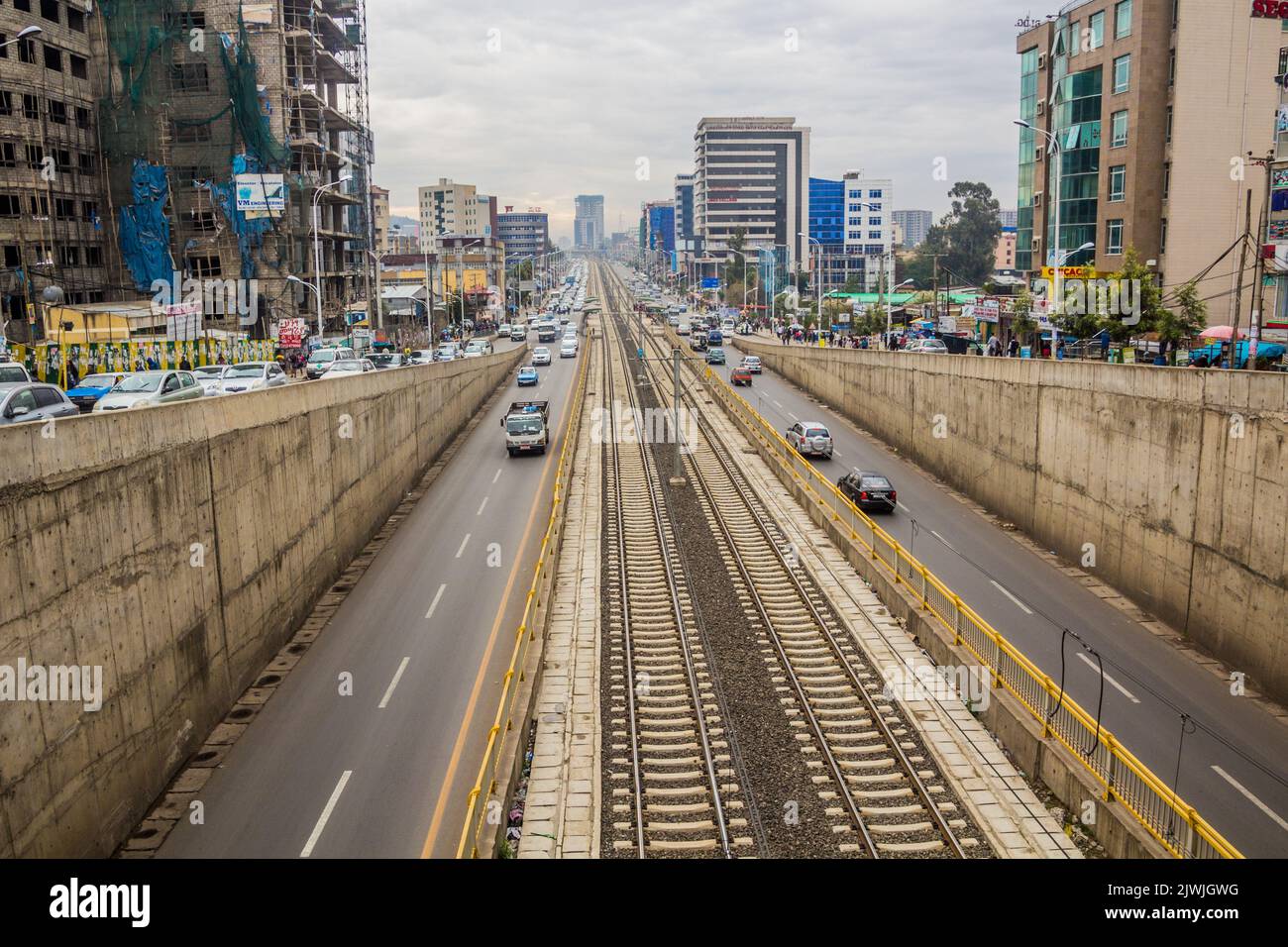 ADDIS ABABA, ETHIOPIA - APRIL 4, 2019:View of the Light Rail at Equatorial Guinea Street in ...