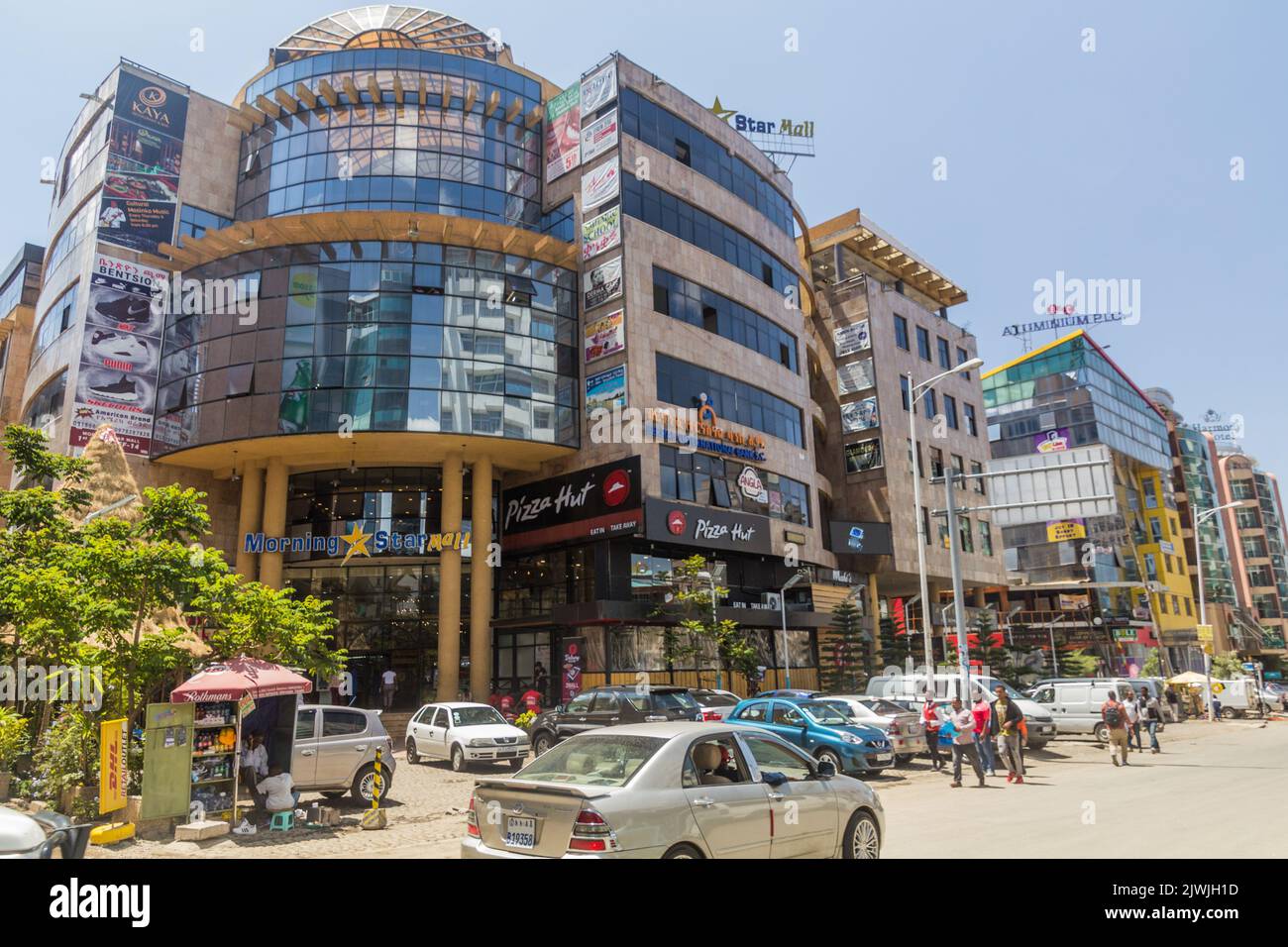 ADDIS ABABA, ETHIOPIA - APRIL 4, 2019: Modern buildings in Bole neigborhood of Addis Ababa ...