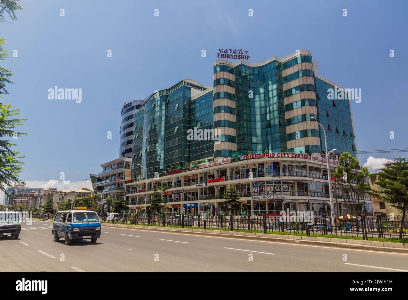 ADDIS ABABA, ETHIOPIA - APRIL 4, 2019: Modern buildings in Bole neigborhood of Addis Ababa ...