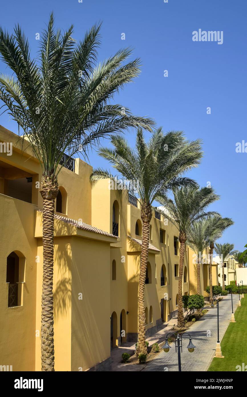 Architecture of buildings is in Arabic style. An arch windows in wall ...