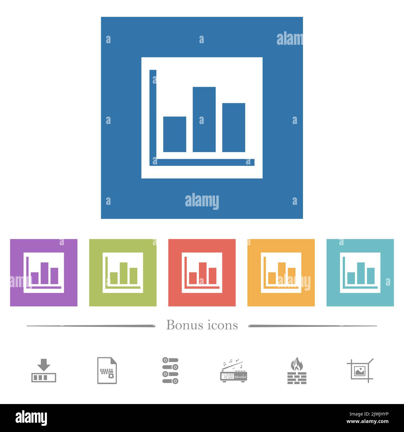 Bar graph statistics solid flat white icons in square backgrounds. 6 ...