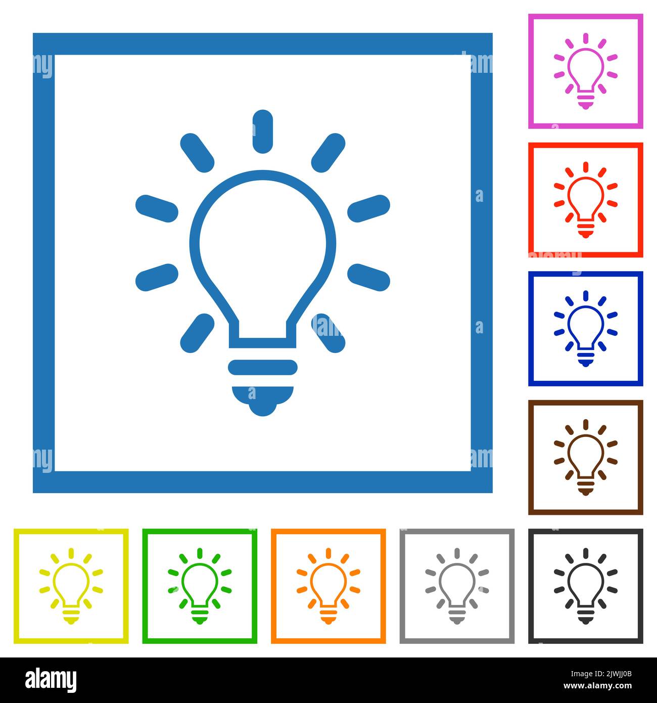 Lighting bulb outline flat color icons in square frames on white ...