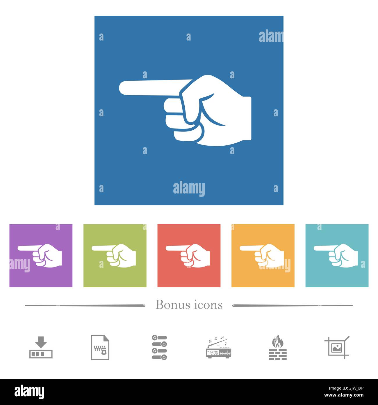 Left pointing hand solid flat white icons in square backgrounds. 6 ...