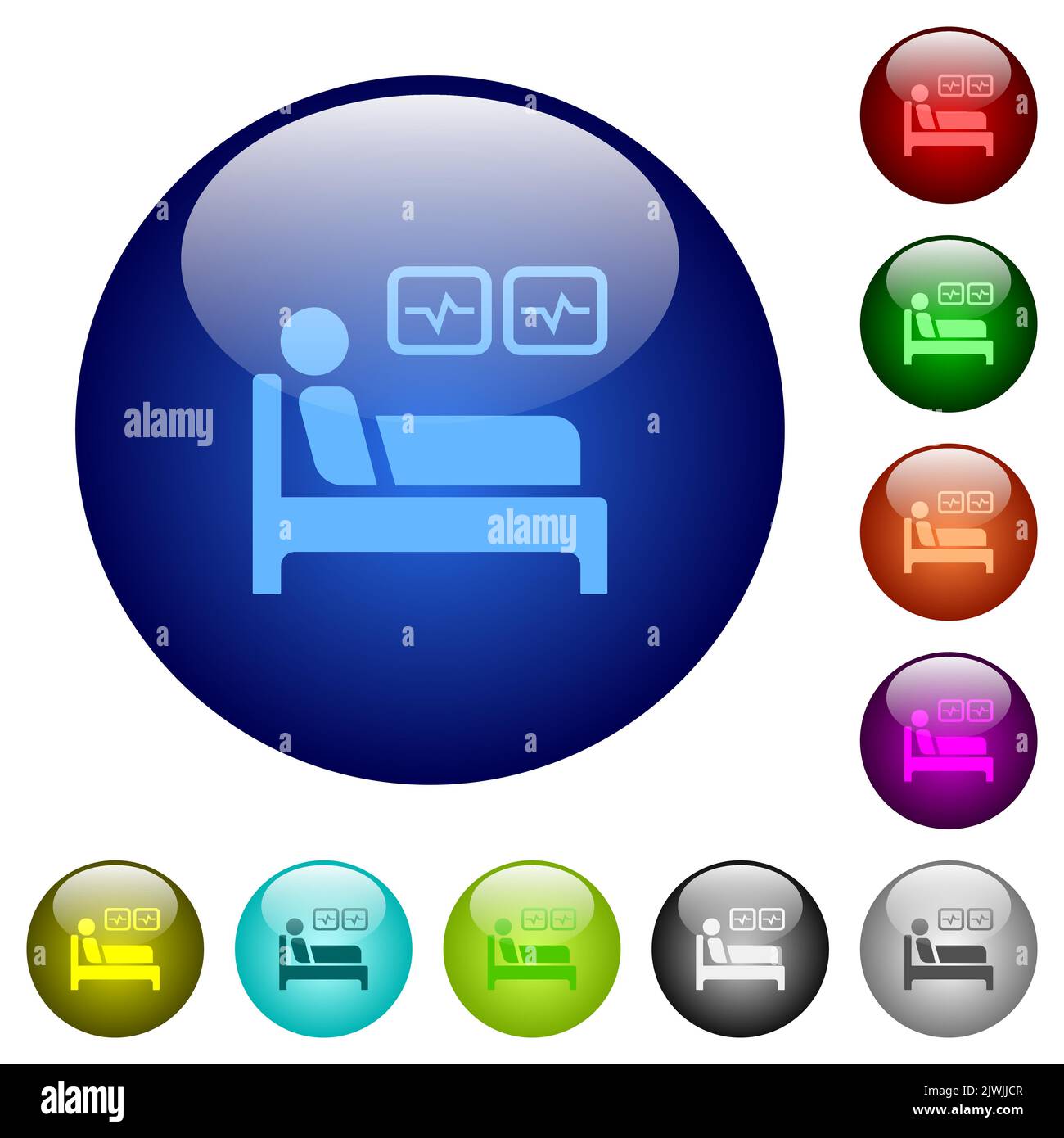 Intensive care icons on round glass buttons in multiple colors ...