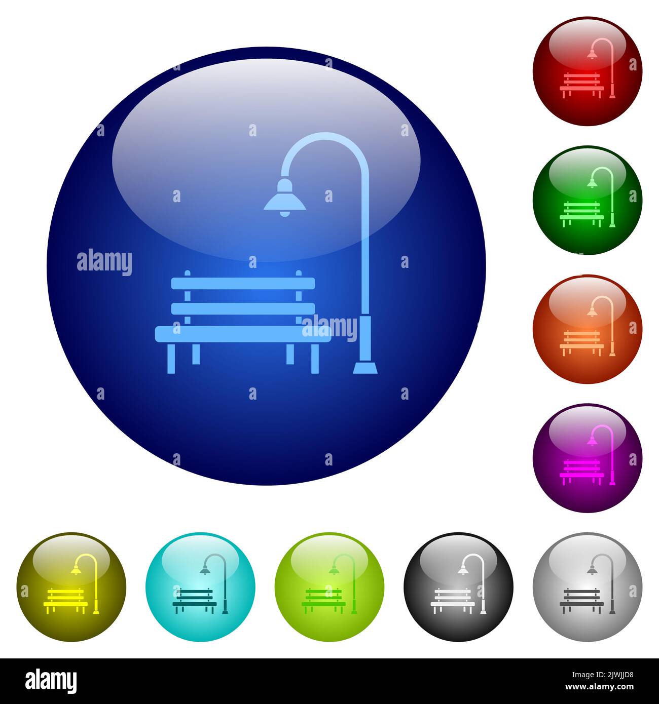 Park icons on round glass buttons in multiple colors. Arranged layer ...