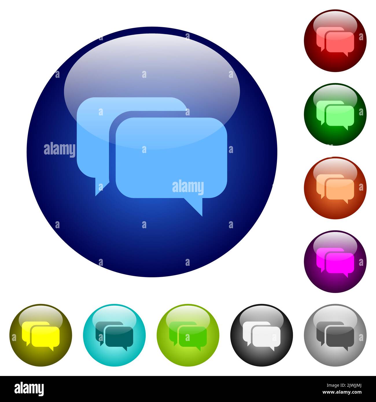 Two rounded square chat bubbles solid icons on round glass buttons in multiple colors. Arranged ...