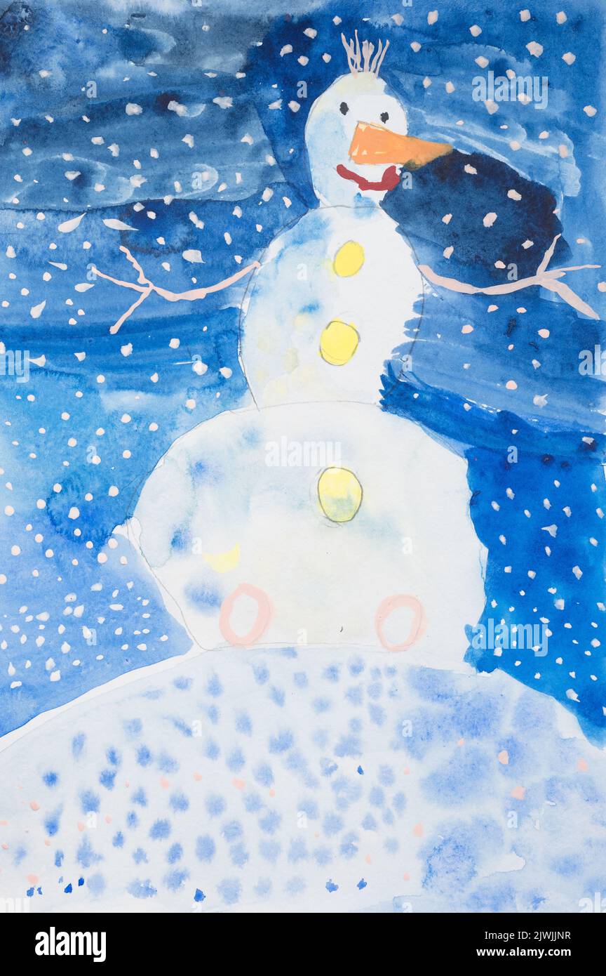 kid's diy watercolor drawing on textured paper - a snowman or a snow ...