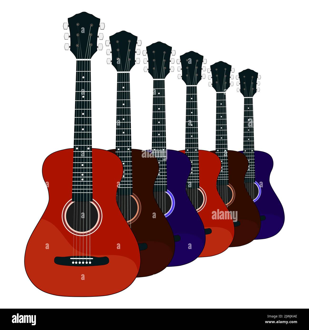 Acoustic guitar set on a white background. Vector illustration of stringed musical instruments ...