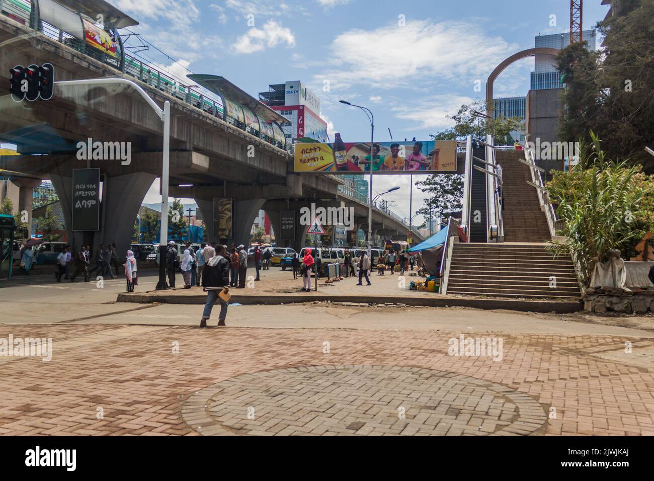 ADDIS ABABA, ETHIOPIA - APRIL 5, 2019: Elevated section of the Light Rail in Addis Ababa ...