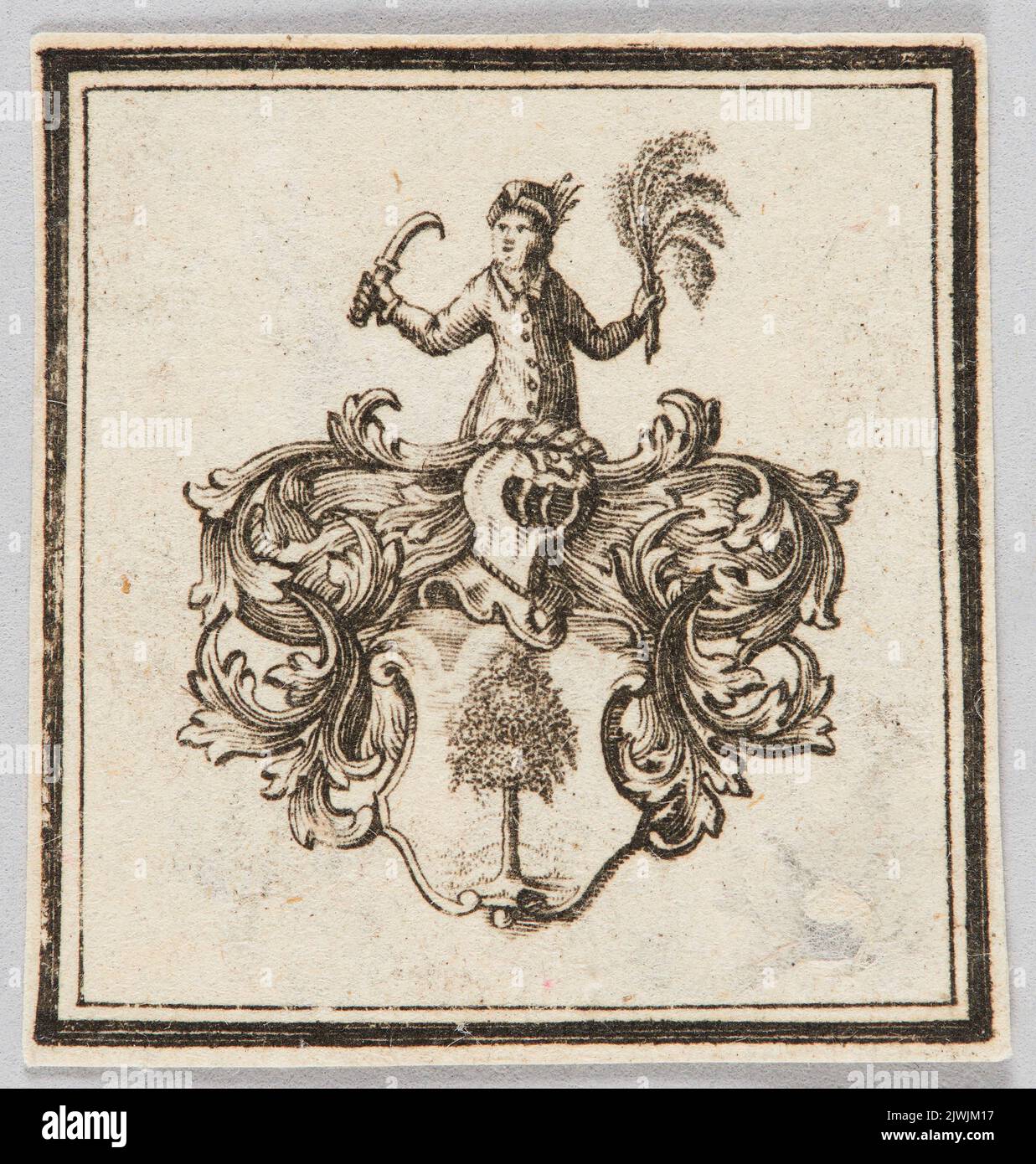 [Bookplate:] heraldic composition with a tree in the escutcheon, in the ...
