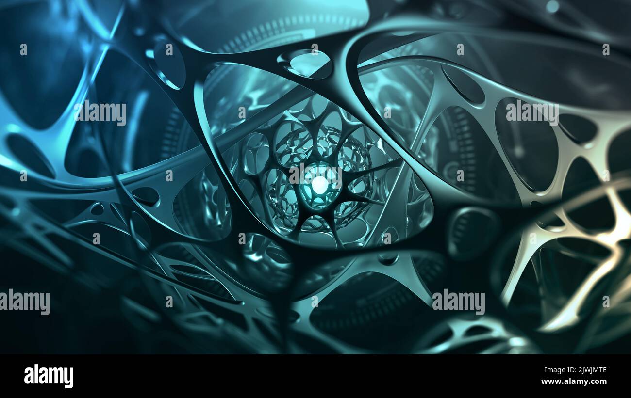 AI concept. Sci-fi 3D illustration. Digital brain, mind and intertwining of synthetic neurons ...