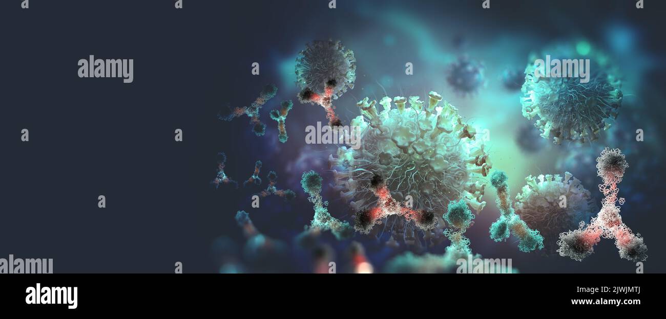Virus under microscope. Antibodies and viral infection. Immune defense ...
