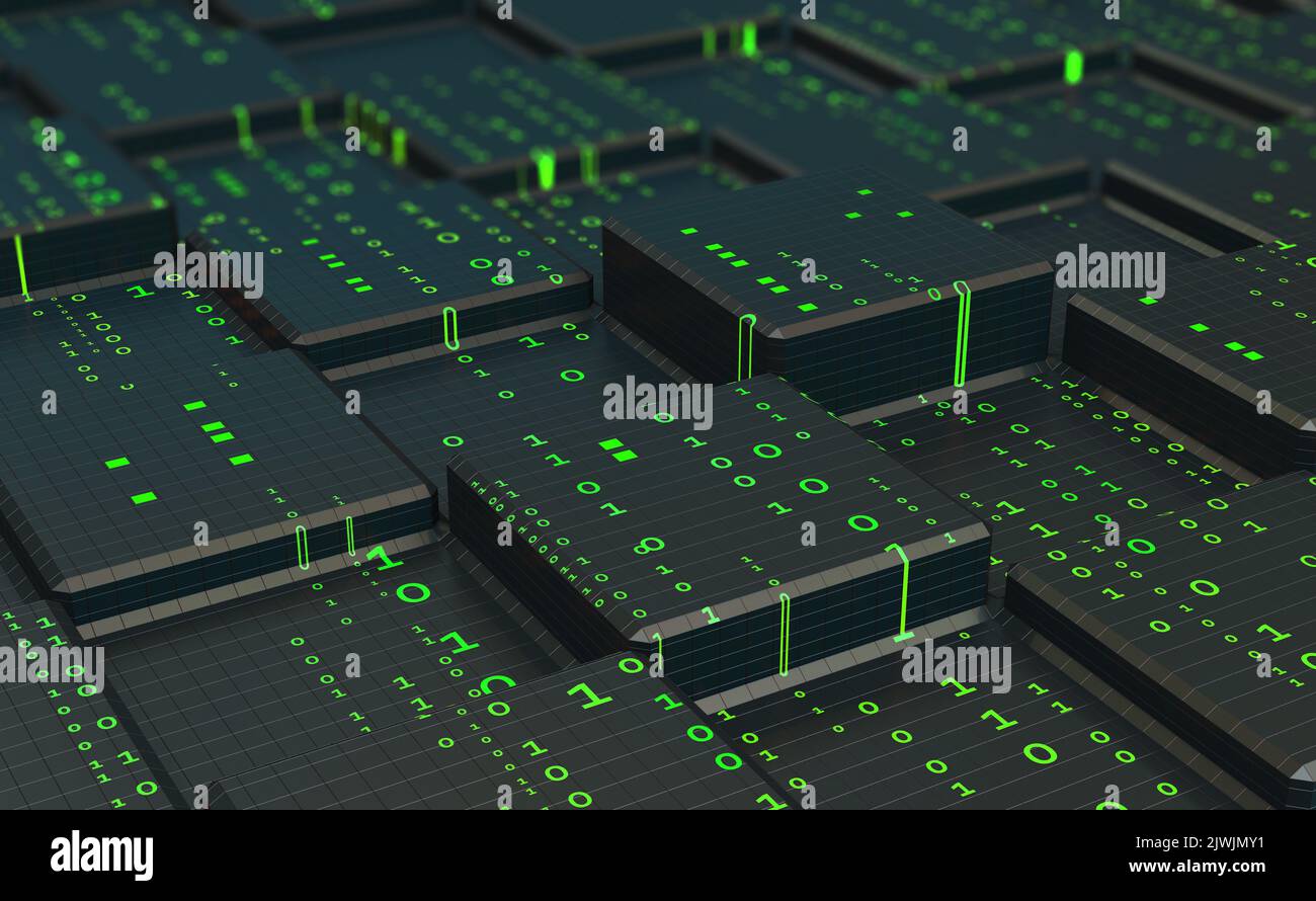 Futuristic CPU and Machine Learning Concept. 3D illustration Stream of binary code. Microchip ...