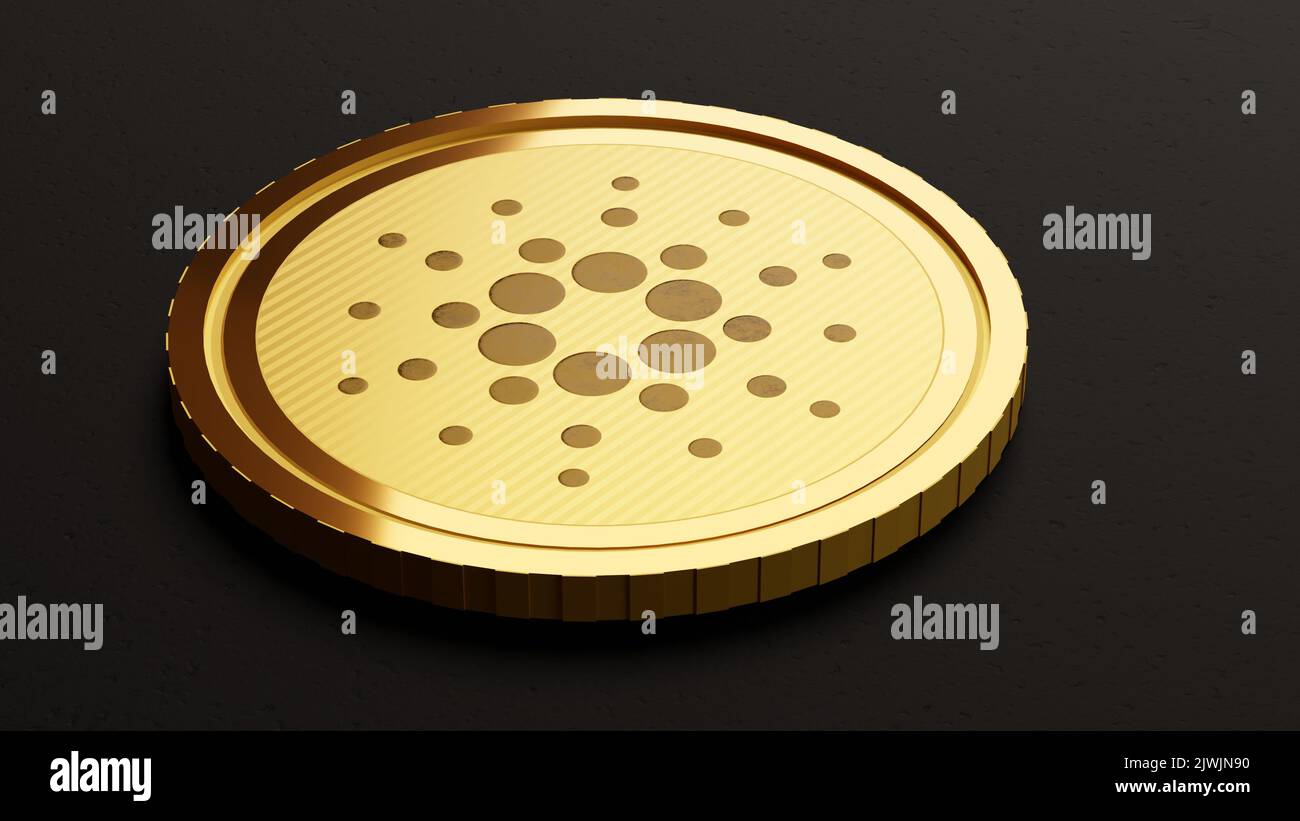 Cardano ADA crypto coin in shape of golden metal coin on black ...