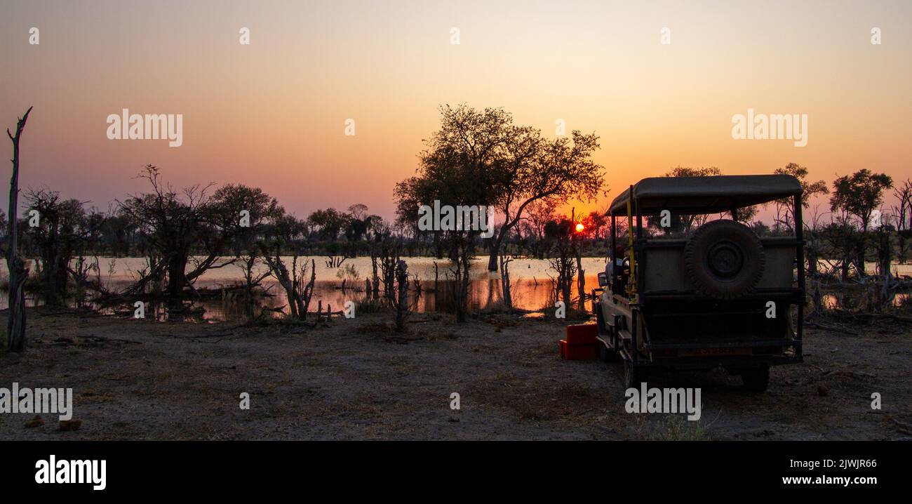 Maun, Botswana - a game viewing vehicle at sunset in the Okavango Delta ...